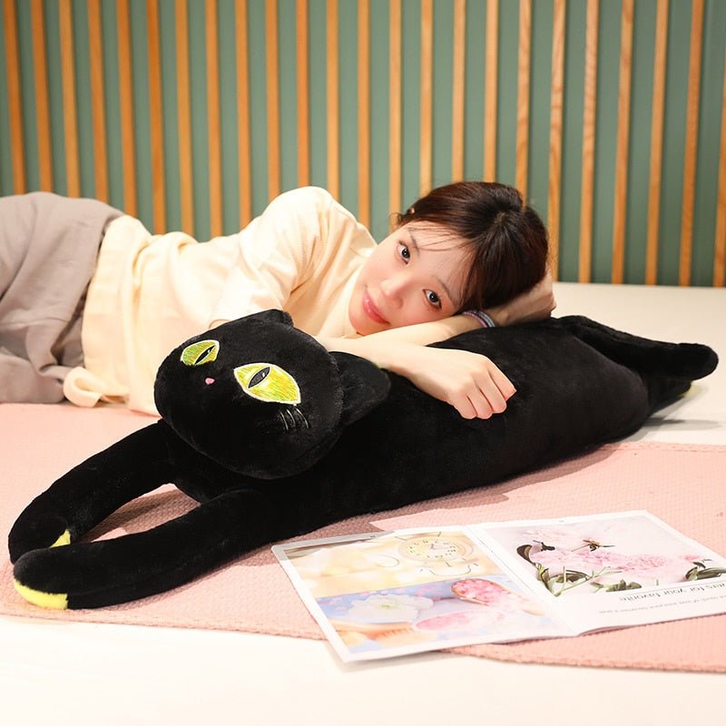 Get Cozy with Our Long Cat Plush | 'Black & Gray Big Eyes Loafing Cat ...