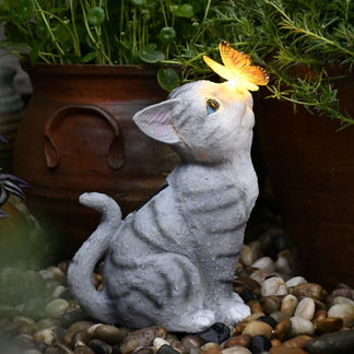 Handmade solar powered LED cat sculpture with butterfly – Meowgicians™
