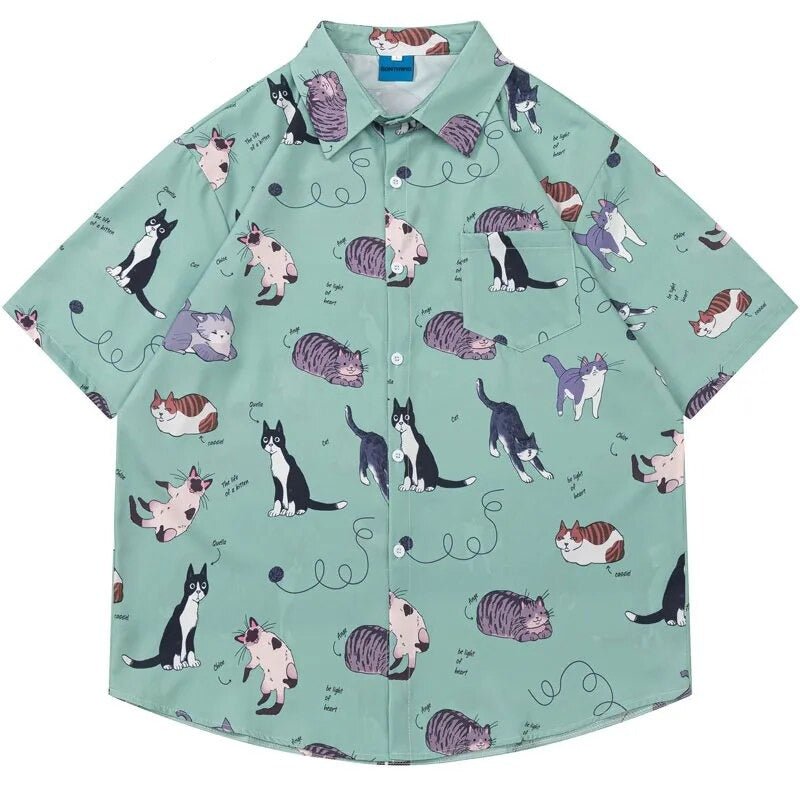 Ultimate Summer Vibe | Laid-back Cat Motif Shirt in Blue, Green & White ...