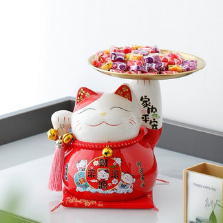 Waving lucky cat tray with gold ingot – Meowgicians™