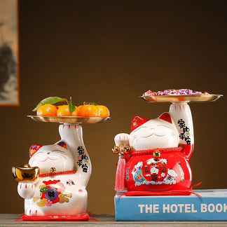 Waving lucky cat tray with gold ingot – Meowgicians™