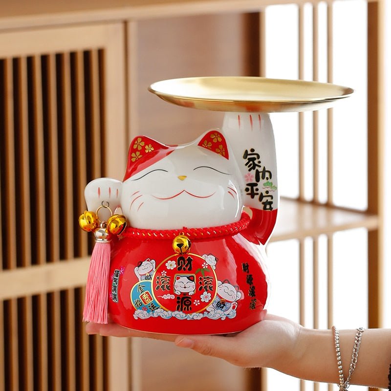 Waving lucky cat tray with gold ingot – Meowgicians™